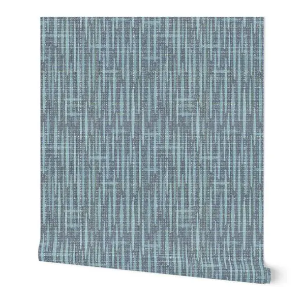 Spoonflower Textured Lines Aqua Periwinkle 100% Natural Sisal Grasscloth Wallcovering