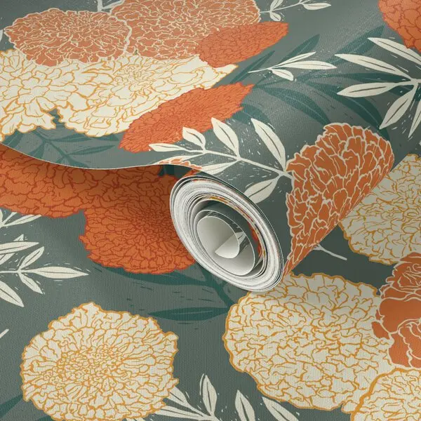 Spoonflower Vintage Flowers Floral Nature Orange Custom Removable Wallpaper - Orange,green,brown