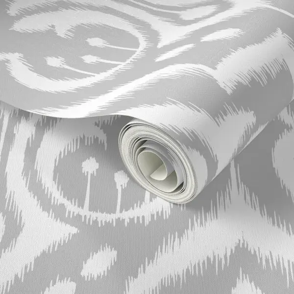 Spoonflower Ikat Damask Large Silver Home Gray Neutral Trendy Custom Pre-pasted Wallpaper - Gray,white