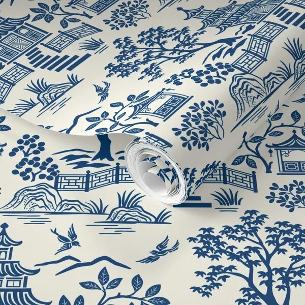 Spoonflower China Blue White Chinoiserie Willow Pagoda Elegant Custom Removable Wallpaper - Blue,beige