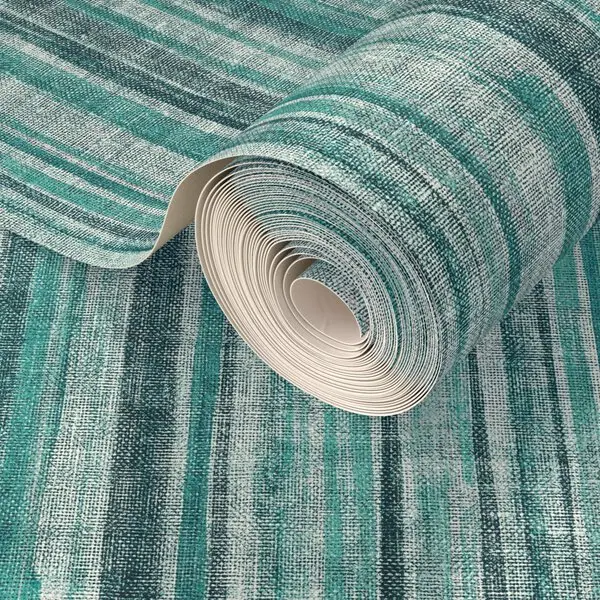 Spoonflower Textured Stripes In Teal Green And Grey Large 100% Natural Sisal Grasscloth Wallcovering - Teal,blue,green
