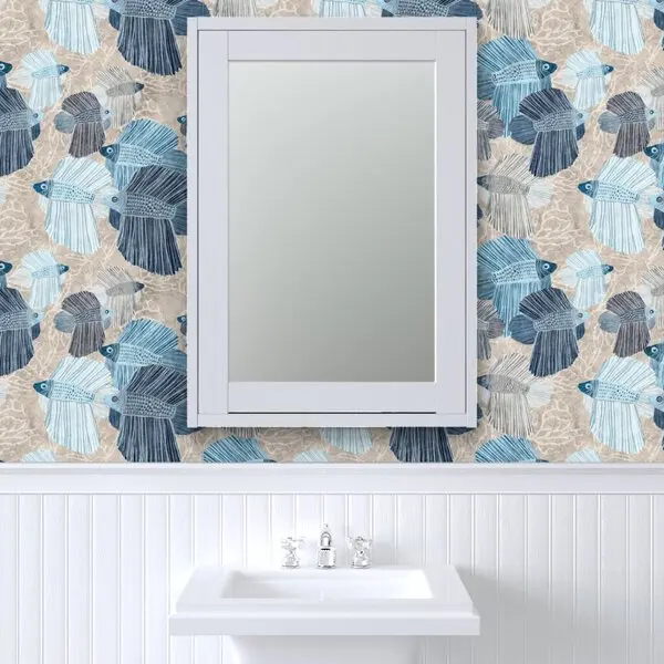 Spoonflower Tropical Fish Blue Siamese Ocean Aquatic Animals Custom Pre-pasted Wallpaper