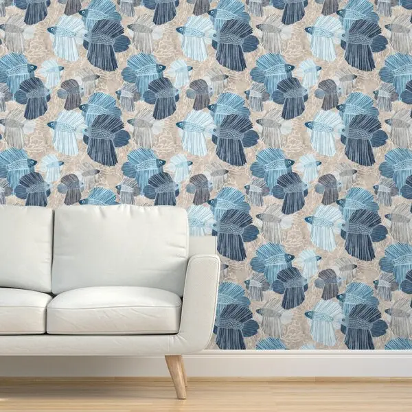 Spoonflower Tropical Fish Blue Siamese Ocean Aquatic Animals Custom Pre-pasted Wallpaper