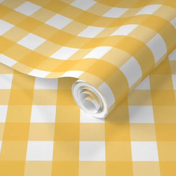 Spoonflower Golden Yellow Gingham Custom Pre-pasted Wallpaper - Yellow,white,beige