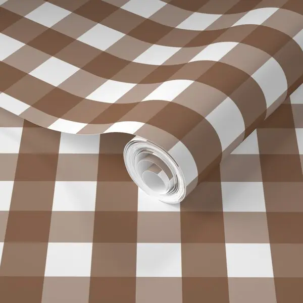 Spoonflower Chocolate Brown Gingham Custom Pre-pasted Wallpaper - Brown,white,gray