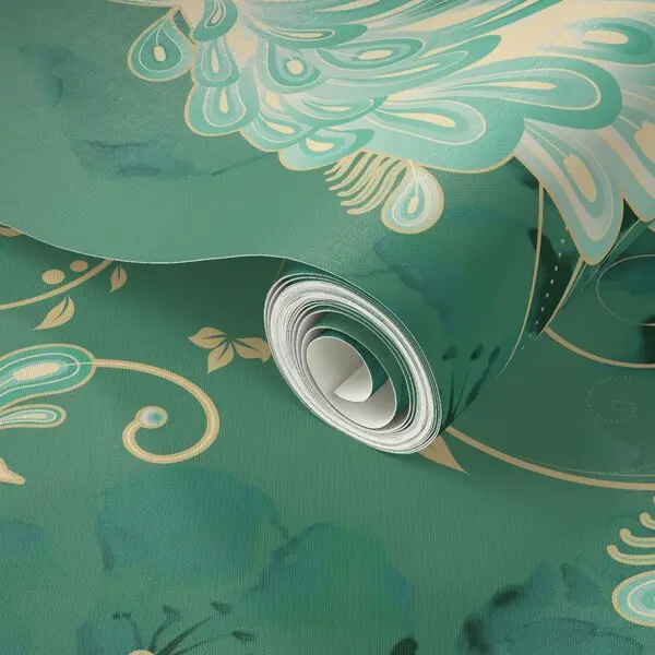 Spoonflower White Peacock Birds Elegant Green Custom Removable Wallpaper - Green,white,mint