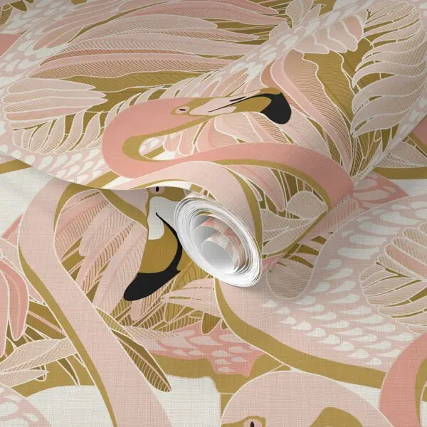 Spoonflower Golden Flamingo Traditional Wallpaper - Beige,brown,black