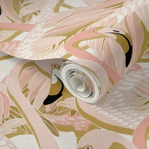 Spoonflower Golden Flamingo Traditional Wallpaper - Beige,brown,black