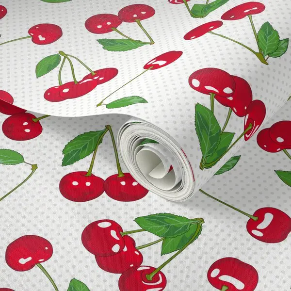 Spoonflower Cherry White Rockabilly Fruits Fruit Kitchen Red Custom Pre-pasted Wallpaper - Red,white,gray