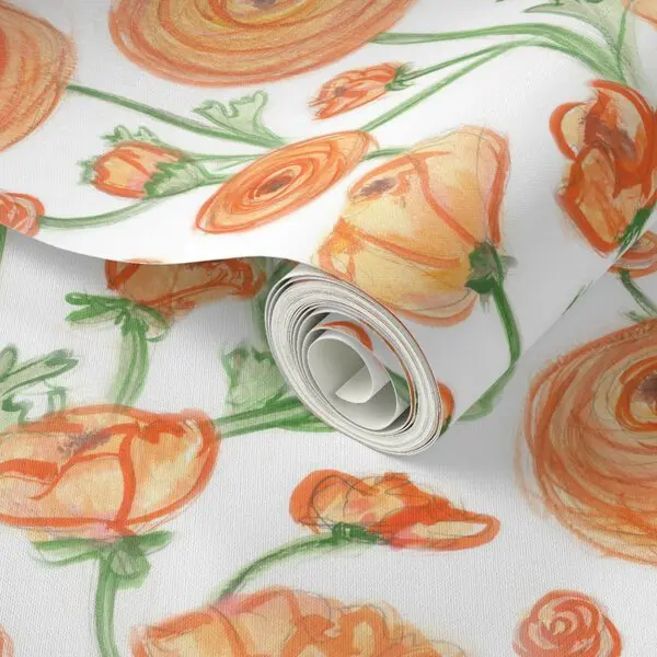 Spoonflower Flowers Orange Ranunculus Spring Watercolor Nature Custom Pre-pasted Wallpaper - Orange,gray,green
