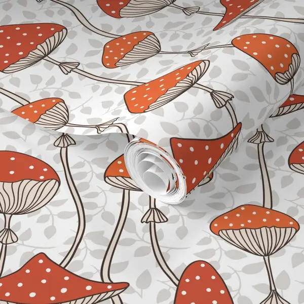 Spoonflower Amanita Fly Agarics Mushrooms Cute Nature Forest Custom Pre-pasted Wallpaper - Red,white,gray