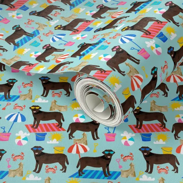 Spoonflower Chocolate Lab Labrador Sandcastles Sandcastle Dog Custom Pre-pasted Wallpaper - Teal,blue,red