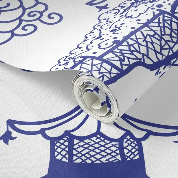 Spoonflower Blue Cloud Pagoda Cobalt Chinoiserie Toile Clouds Custom Pre-pasted Wallpaper - Blue,white,purple