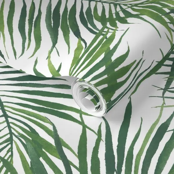 Spoonflower Green Leaves Beach Tropical Ferns Surrealism Custom Pre-pasted Wallpaper - Green,gray