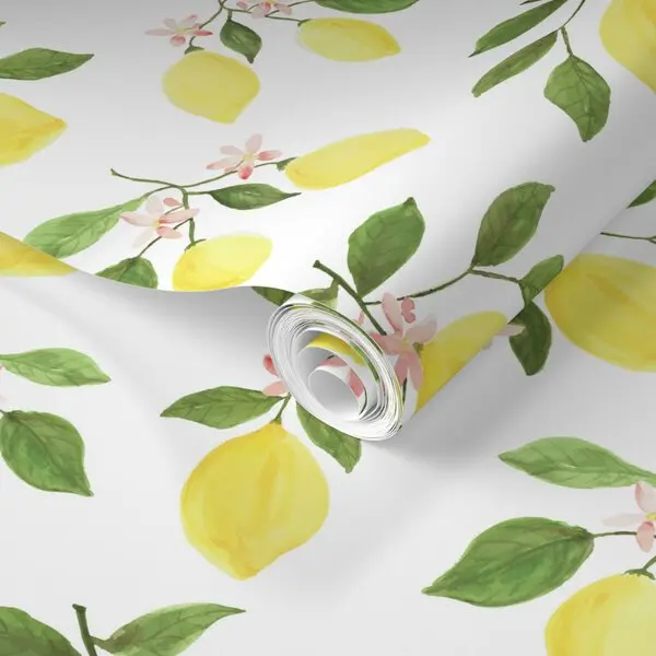 Spoonflower Yellow Leaves Blossoms Fruit Spring Summer Custom Pre-pasted Wallpaper - Yellow,green