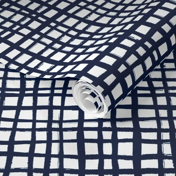 Spoonflower Grid Lines Navy Blue Coordinate Stripes Modern Custom Removable Wallpaper - Blue,white,gray