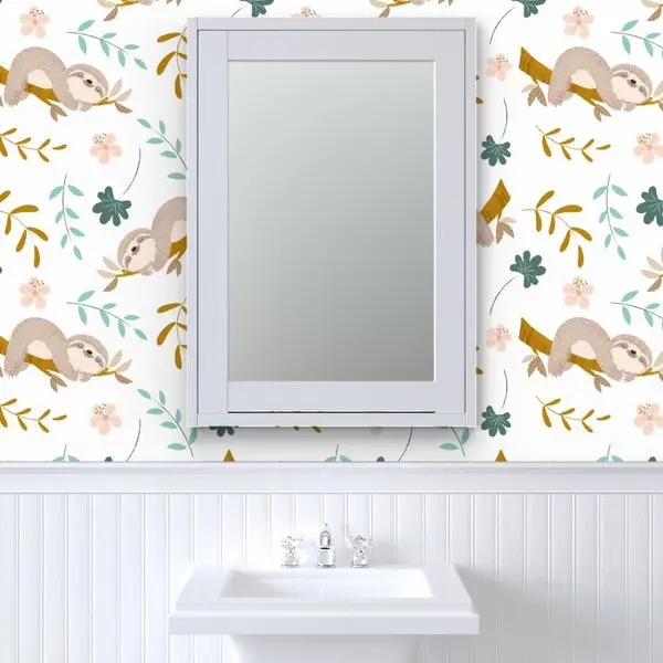 Spoonflower Mint White Background Nursery Watercolor Babies Custom Pre-pasted Wallpaper - Gray,brown