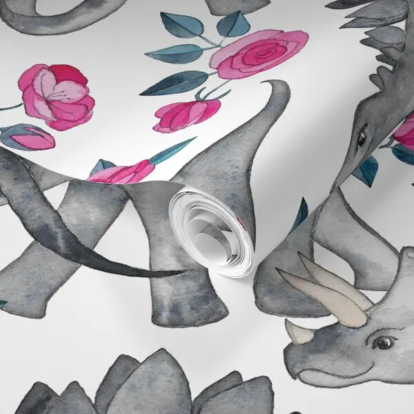 Spoonflower Dinosaurs Roses White Large Print Painted Traditional Wallpaper - Purple,blue,pink