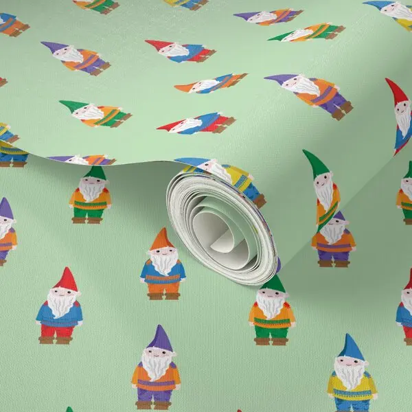 Spoonflower Forest Woodland Garden Gnome Creature Custom Pre-pasted Wallpaper - Mint,blue,green
