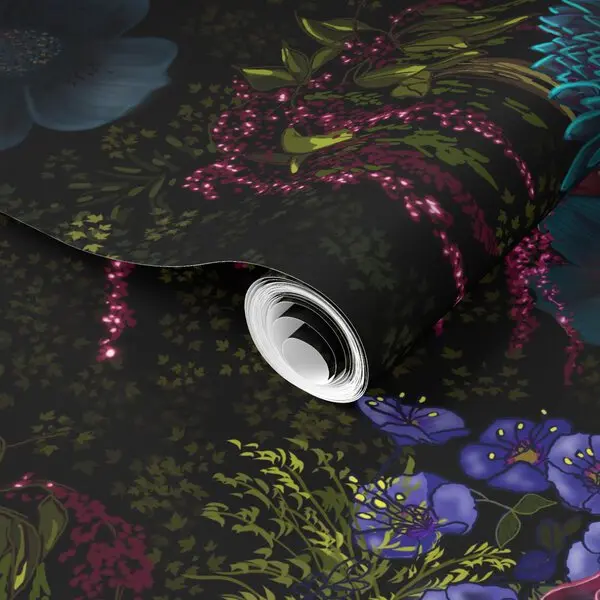 Spoonflower Flowers Floral Victorian Deep Blue Twilight Large Custom Removable Wallpaper - Black,red,green