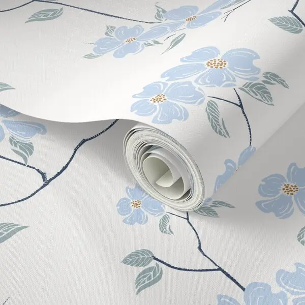 Spoonflower Blue On White Romantic Floral Nursery Cream Custom Removable Wallpaper - White,blue,gray