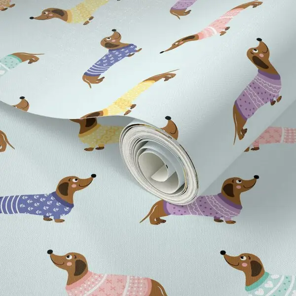 Spoonflower Doxie Dachshund In Sweater Weiner Dog Dachshunds Custom Pre-pasted Wallpaper - Blue,mint,gray