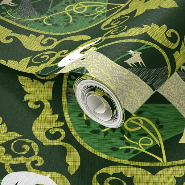 Spoonflower Goats Goat Horns Farm Animal Herd Grazing Barnyard Traditional Wallpaper - Green,gray