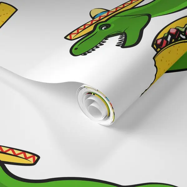 Spoonflower Eating Tacos White Dinosaur Dinos Little Arrow Custom Pre-pasted Wallpaper - Green,yellow,gray