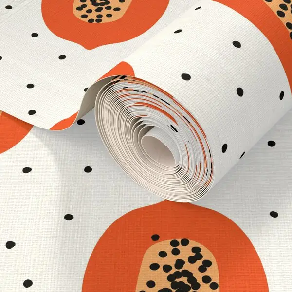 Spoonflower Orange Papaya Seeds Exotic Tropical Fruit Hawaii 100% Natural Sisal Grasscloth Wallcovering - Orange,black,gray