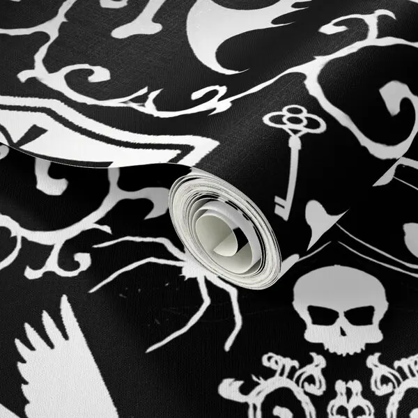 Spoonflower Cat Bat Snak Spider Skull Goth Spooky Custom Pre-pasted Wallpaper - Black,white,gray