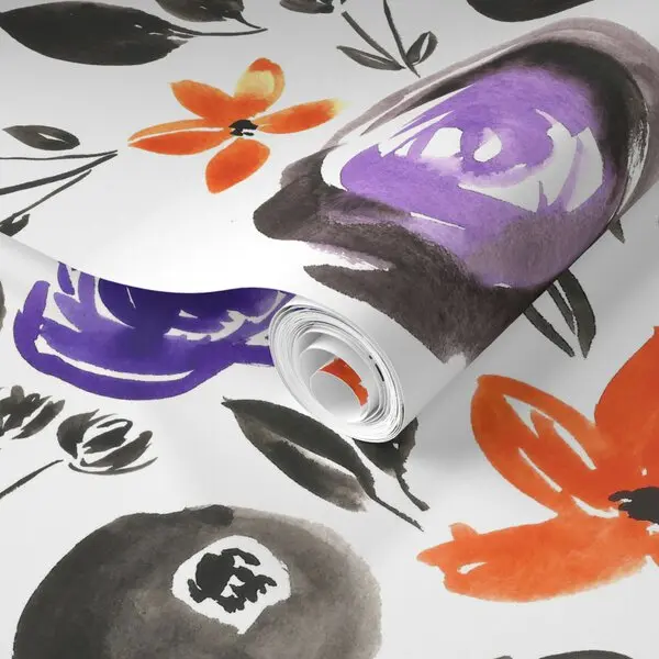 Spoonflower Purple Orange Halloween Florals Custom Pre-pasted Wallpaper - Purple,gray,pink