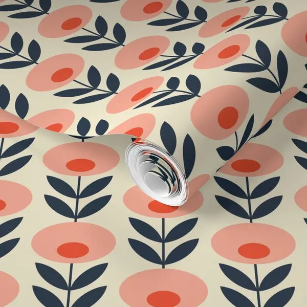 Spoonflower Vintage Flowers Floral Retro Scandinavian Folk Custom Removable Wallpaper - Orange,blue,pink
