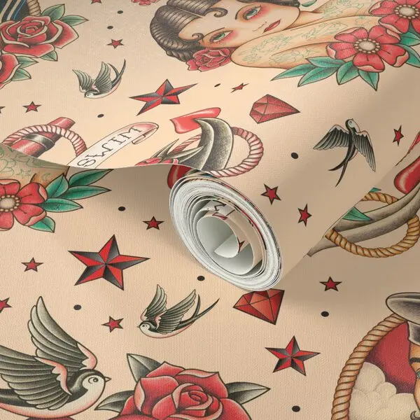 Spoonflower Old School Vintage Tattoo Beige Large Classic Custom Pre-pasted Wallpaper - Beige,red,pink