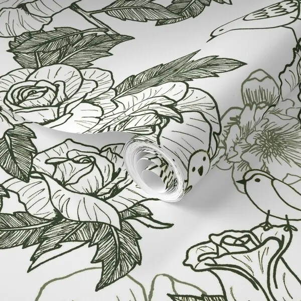 Spoonflower Birds And Roses Toile Dark Green Custom Removable Wallpaper - Gray,green