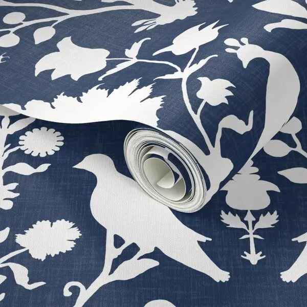 Spoonflower Navy Birds Peacocks Damask Floral Blue Custom Pre-pasted Wallpaper - Blue,white