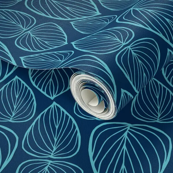 Spoonflower Leaves Hosta Leaf Custom Pre-pasted Wallpaper - Blue
