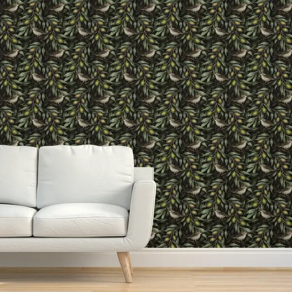 Spoonflower Olive Branches Warblers Leaves Fruit Birds Tree 100% Natural Sisal Grasscloth Wallcovering - Green,gray