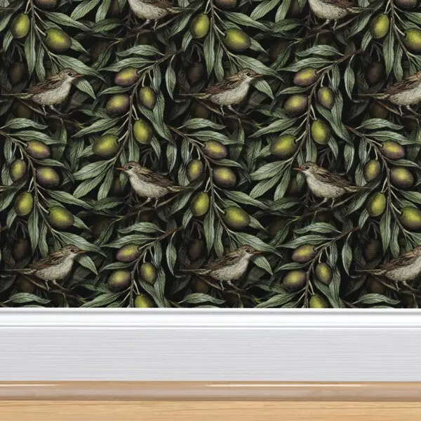 Spoonflower Olive Branches Warblers Leaves Fruit Birds Tree 100% Natural Sisal Grasscloth Wallcovering - Green,gray