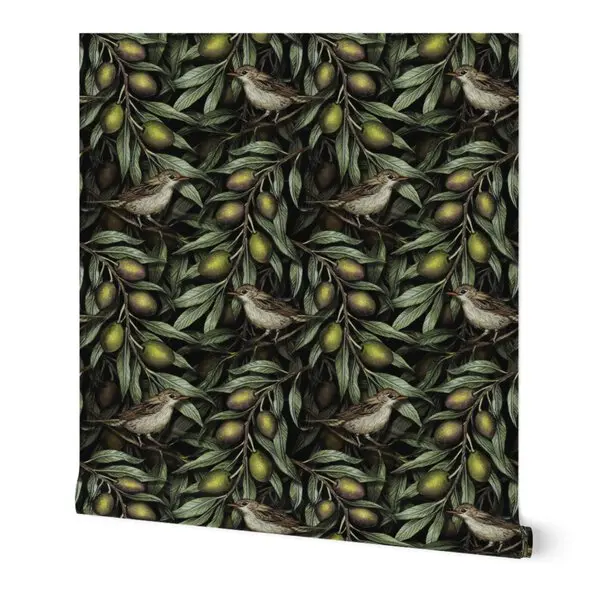 Spoonflower Olive Branches Warblers Leaves Fruit Birds Tree 100% Natural Sisal Grasscloth Wallcovering - Green,gray