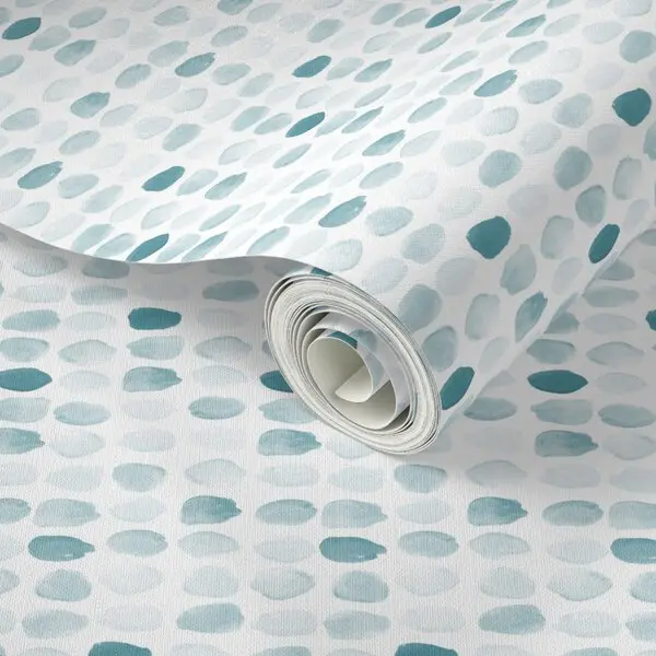 Spoonflower Watercolor Dot Blue Teal Dots Brush Spring Custom Pre-pasted Wallpaper - Blue,green