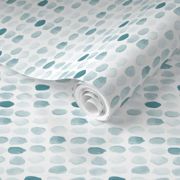 Spoonflower Watercolor Dot Blue Teal Dots Brush Spring Custom Pre-pasted Wallpaper - Blue,green