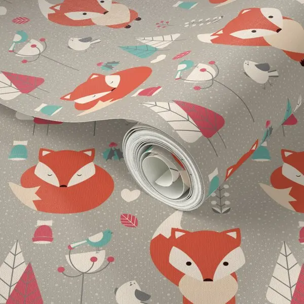 Spoonflower Fox Winter Time Bird Woodland Holiday Sleeping Custom Pre-pasted Wallpaper - Gray,red,teal
