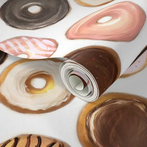 Spoonflower Multi Donuts Watercolor Food Doughnut Custom Pre-pasted Wallpaper - Brown,pink