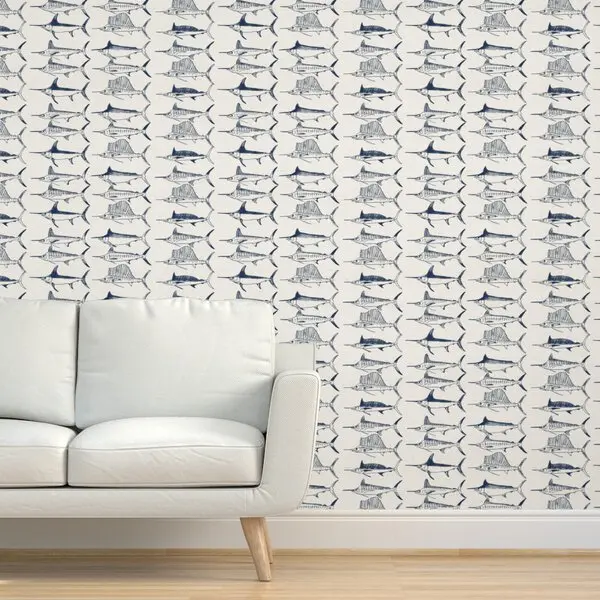 Spoonflower Royal Billfish Slam Simple Navy On White 100% Natural Sisal Grasscloth Wallcovering - Navy,blue