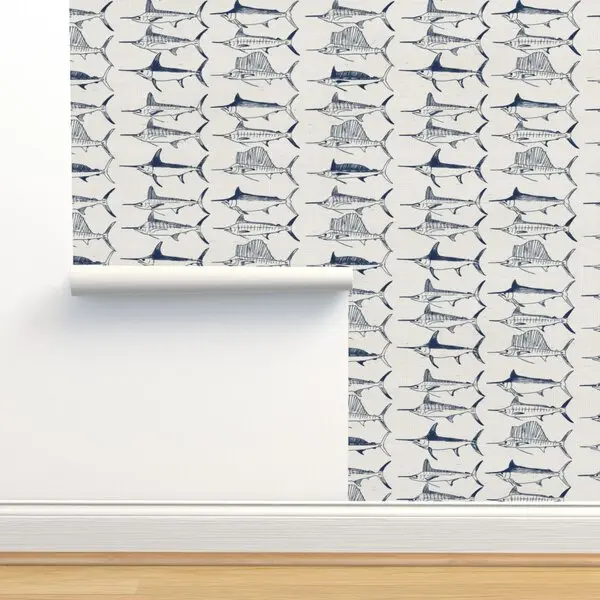 Spoonflower Royal Billfish Slam Simple Navy On White 100% Natural Sisal Grasscloth Wallcovering - Navy,blue