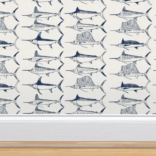 Spoonflower Royal Billfish Slam Simple Navy On White 100% Natural Sisal Grasscloth Wallcovering - Navy,blue