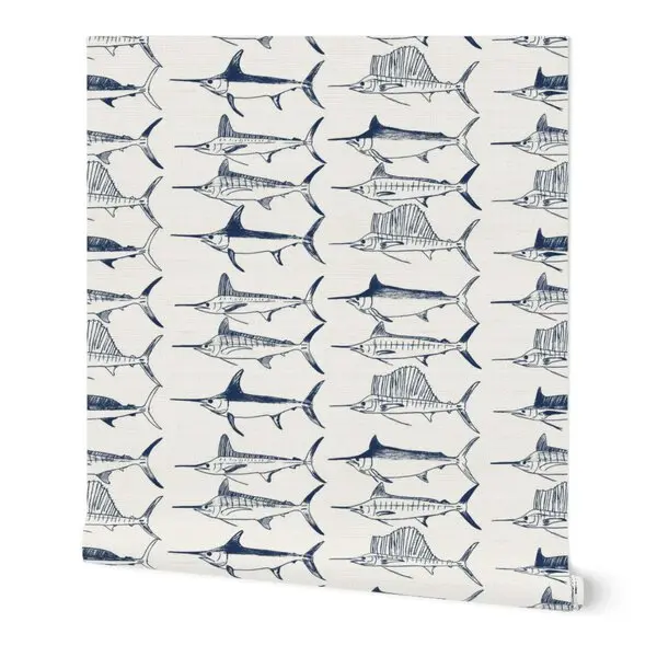 Spoonflower Royal Billfish Slam Simple Navy On White 100% Natural Sisal Grasscloth Wallcovering - Navy,blue