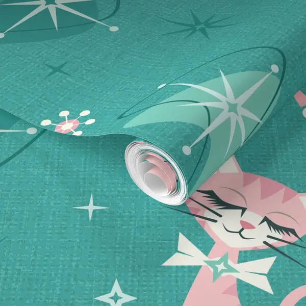 Spoonflower Kitsch Kitten Turquoise Cat 1950s Cats Fifties Custom Pre-pasted Wallpaper - Blue,pink,teal