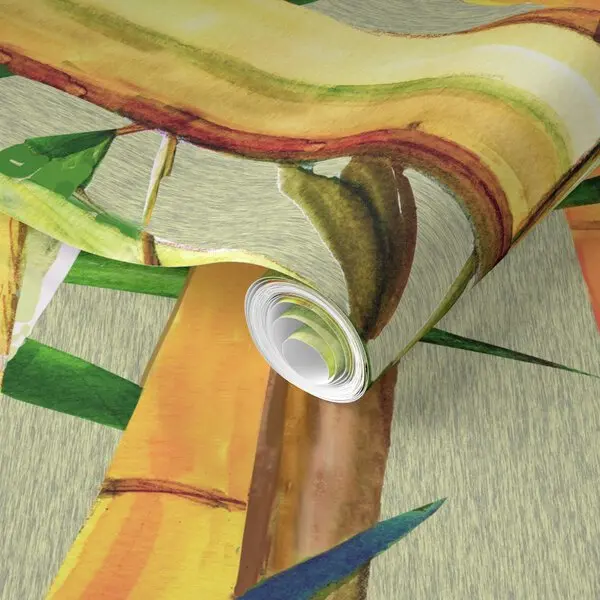 Spoonflower Mindful Calm Caribbean Zen Tropical Island Bamboo Custom Pre-pasted Wallpaper - Yellow,green,brown