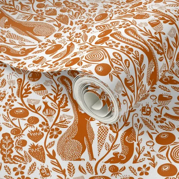 Spoonflower Orange Forest Woodland Rabbit Block Linocut Custom Removable Wallpaper - Brown,white,beige